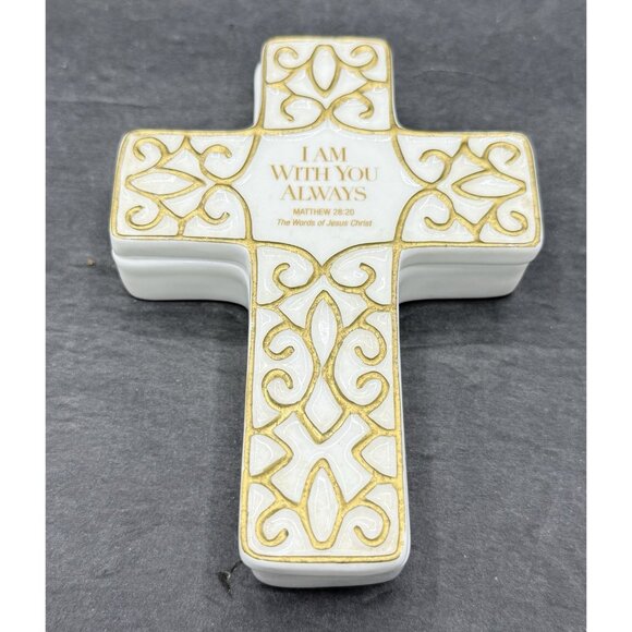 Accents | Ceramic Gold White Cross Trinket Keepsake Box With 4 Small ...